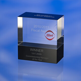 GLASS CUBE BLOCK AWARD TROPHY with Black Base - 3D Crystal Art
